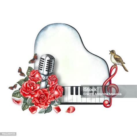 피아노는 흰색 평면도 빨간 장미 고음 음자리표 및 마이크가 있습니다 수채화 일러스트는 손으로 그린 것입니다 포스터 전단지
