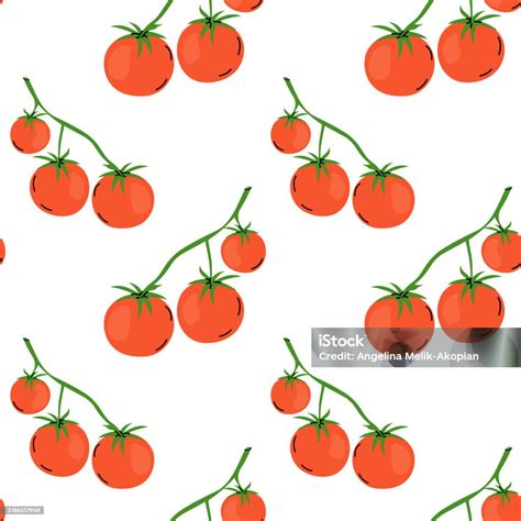 흰색 배경에 녹색 덩굴에 매달려 있는 밝은 색상의 토마토가 매끄러운 패턴으로 되어 있습니다 농업에 대한 스톡 벡터 아트 및 기타 이미지 Istock