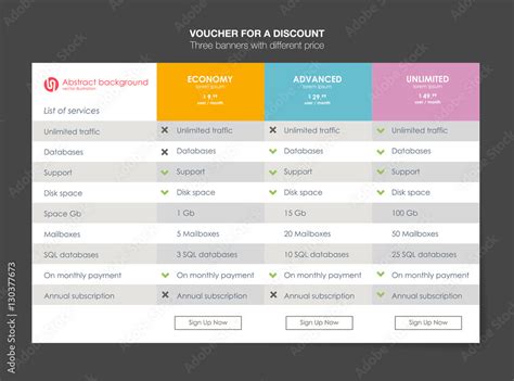 Three Tariffs Interface For The Site Ui Ux Vector Banner For Web App Pricing Table Template