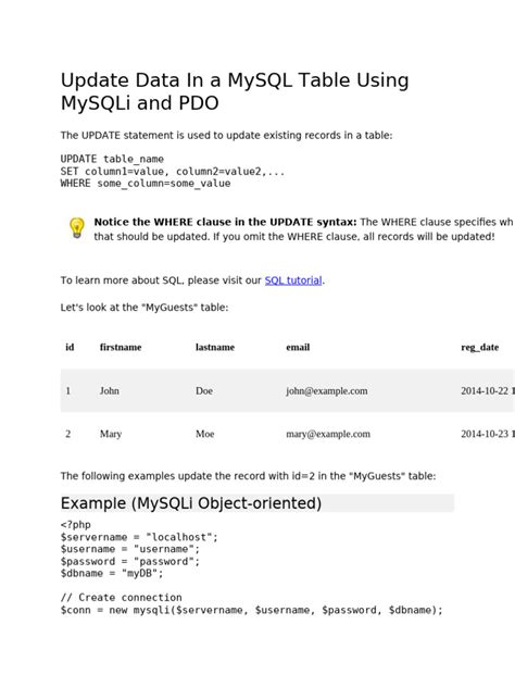 update data in a mysql table using mysqli and pdo pdf databases data management