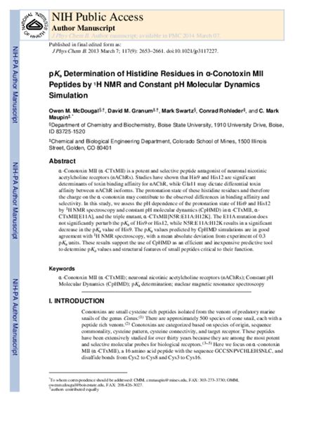 Pdf P K A Determination Of Histidine Residues In α Conotoxin Mii
