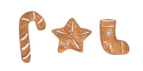 흰색 배경에 격리된 진저브레드 쿠키 3개 세트 수채화 수제 진저 브레드가 장식되어 있습니다 양말 별 사탕 모양의 크리스마스 비스킷 휴일 클립 아트입니다 0명에 대한 스톡