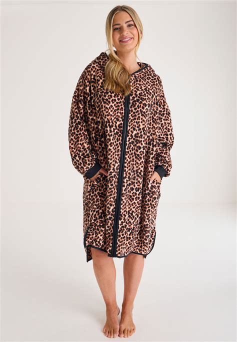 Womens Brown Leopard Print Hooded Zip Through Blanket Peacocks