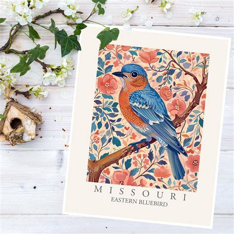 Eastern Bluebird Missouri State Bird Art Print William Morris Style Floral Wall Home Decor