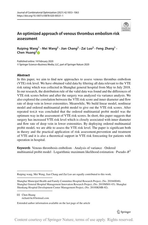 An Optimized Approach Of Venous Thrombus Embolism Risk Assessment Request Pdf