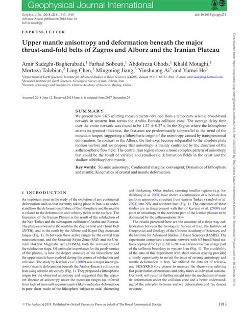 Pdf Upper Mantle Anisotropy And Deformation Beneath The Major Thrust And Fold Belts Of Zagros