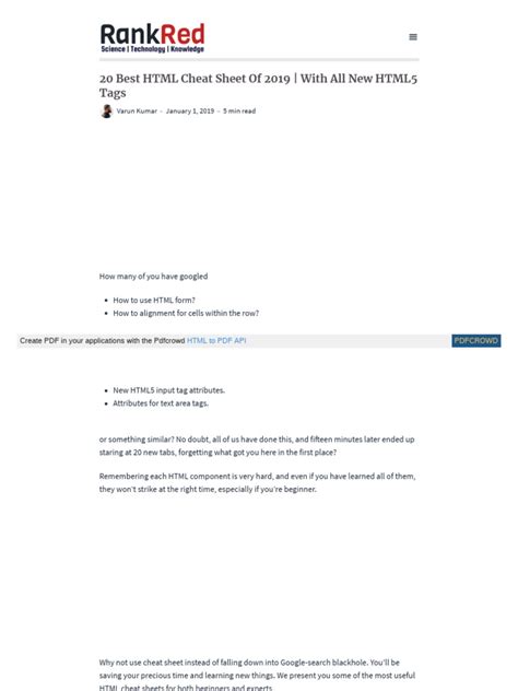 html cheat sheet of 2019 with all new html5 tags pdf html html