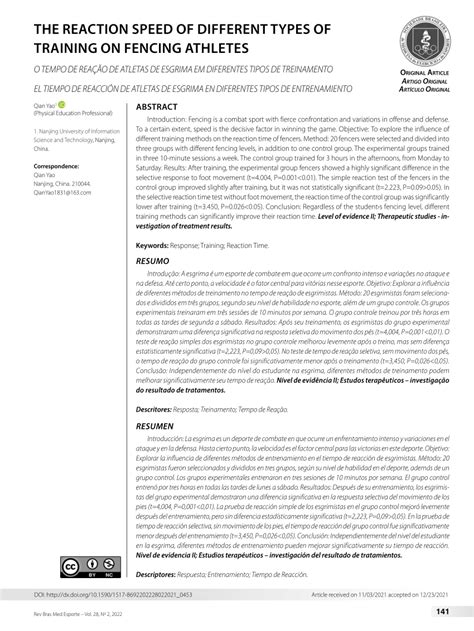 Pdf The Reaction Speed Of Different Types Of Training On Fencing Athletes