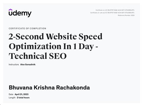 finished 2 second website optimization course on udemy bhuvana