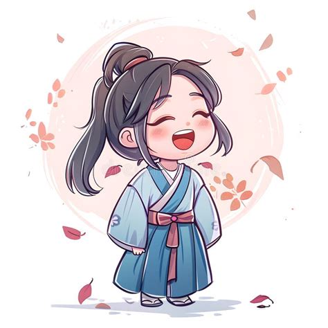 Cute Chibi Character In Traditional Outfit With Autumn Leaves Stock