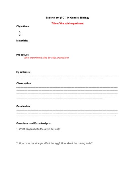 Experiment Template Set Ups Experiment PC In General Biology Title Of The Said Experiment