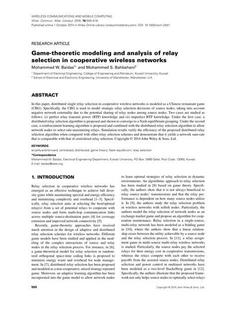 Pdf Game Theoretic Modeling And Analysis Of Relay Selection In Cooperative Wireless Networks