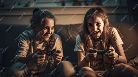 Premium Photo Two Girls Playing A Video Game With A Controller