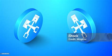 파란색 배경에 격리 된 Isometric 2 교차 엔진 피스톤 아이콘 파란색 원 버튼입니다 벡터 3차원 형태에 대한 스톡 벡터 아트 및 기타 이미지 Istock