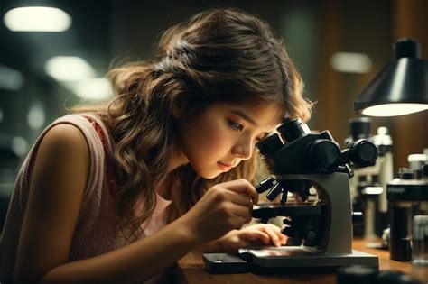 Premium Ai Image Cute Girl Looking Through Microscope