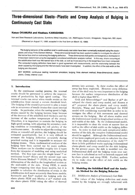 Pdf Three Dimensional Elasto Plastic And Creep Analysis Of Bulging In Continuously Cast Slabs