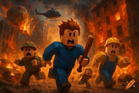 Roblox Characters Flee A Burning City During A Disaster With A Large