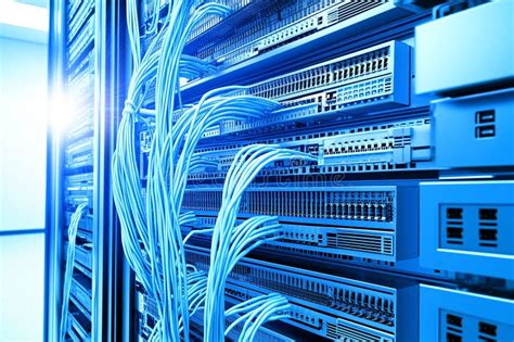 Detailed View Of Ethernet Cables And Switches In A Modern Data Center