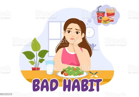플랫 만화 손으로 그린 랜딩 페이지 템플릿에서 패스트 푸드 또는 알코올 병을 먹는 것과 같은 건강에 해로운 생활 방식을 가진 나쁜 습관 벡터 일러스트레이션 건강관리와 의술에