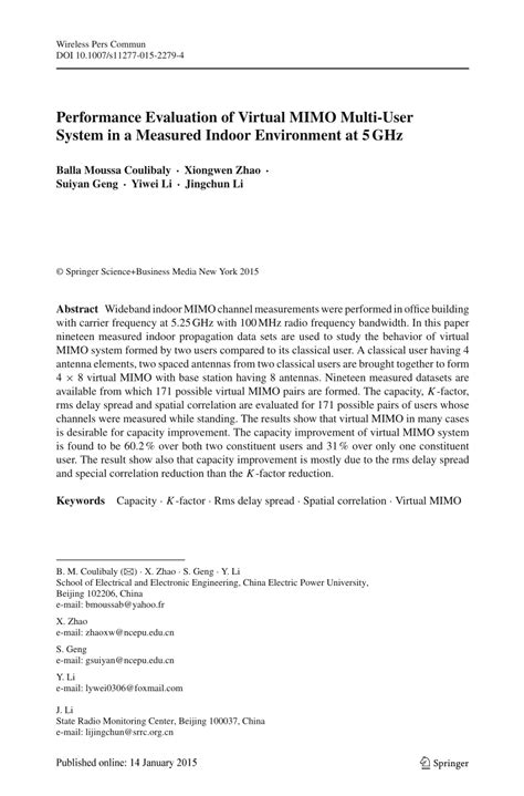 Pdf Performance Evaluation Of Virtual Mimo Multi User System In A Measured Indoor Environment
