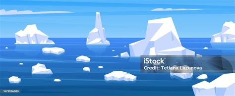북극 풍경입니다 떠다니는 빙산과 얼어붙은 빙하 조각 얼음 북쪽 파노라마 지구 온난화 개념이 있는 만화 겨울 장면 벡터 배경 개념에 대한 스톡 벡터 아트 및 기타 이미지