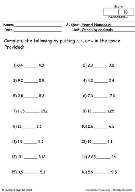 Comparing Decimals Worksheet Grade 4 Printable Word Searches