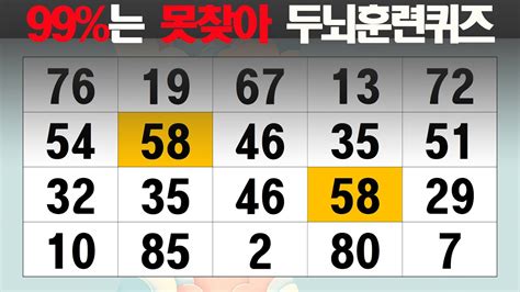 같은숫자찾기두뇌훈련퀴즈치매예방숫자퀴즈논리적 사고기억력 강화스트레스 해소성취감 증대관찰력등으로 즐거움을 찾으시고 개인 능력 향상 시키세요 Youtube