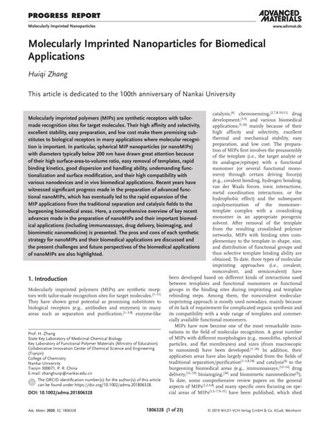 Molecularly Imprinted Nanoparticles For Biomedical Applications Request Pdf