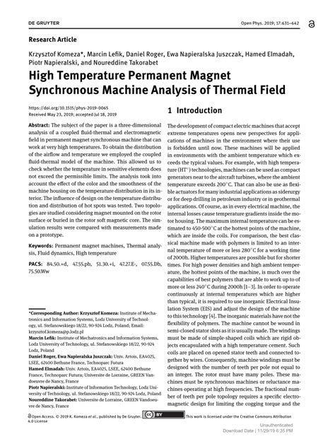 Pdf High Temperature Permanent Magnet Synchronous Machine Analysis Of