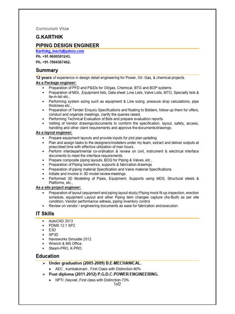 Gkarthik Piping Engineer Cv Pdf Specification Technical Standard
