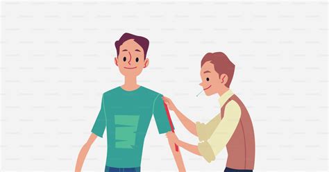 재단사 만화 캐릭터는 흰색 배경에 격리된 평면 벡터 일러스트레이션을 맞춤화하기 위해 고객으로부터 측정을 받습니다 직장에서 양장점 또는 재봉 마스터 사진