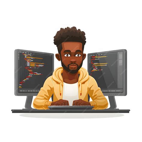 Young African Male Programmer Writing Program Code Sitting At The Workplace With Three Monitors