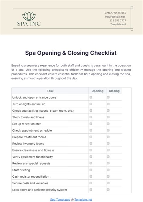 Free Spa Opening And Closing Checklist Template To Edit Online