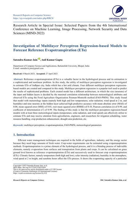 Pdf Investigation Of Multilayer Perceptron Regression Based Models To Forecast Reference