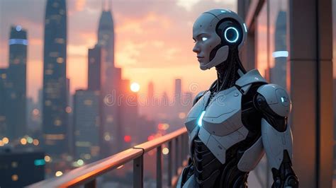 A Metallic Robot Is Standing In Front Of A Sprawling Cityscape As The