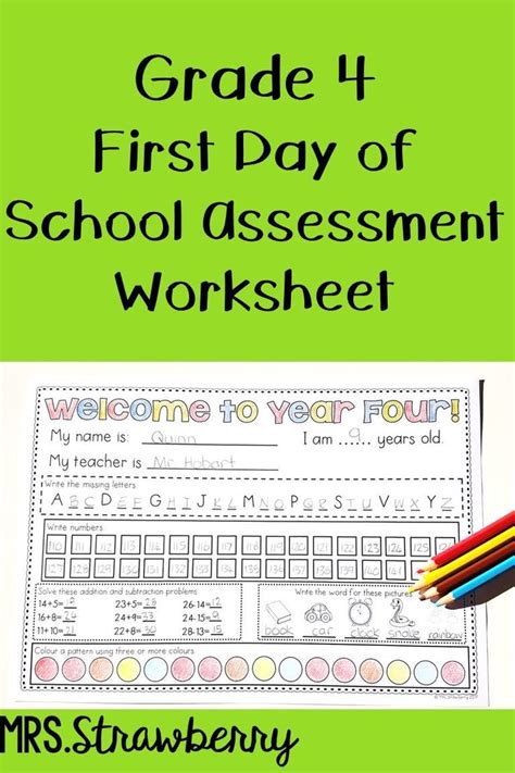 First Day Of School Assessment Worksheet Grade 4 Elementary Math