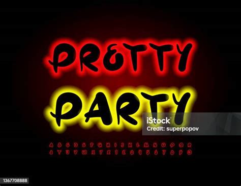 벡터 빛나는 포스터 예쁜 파티 네온 예술 알파벳 문자 및 숫자 세트 광고에 대한 스톡 벡터 아트 및 기타 이미지 광고 그래픽 프린트 네온 Istock