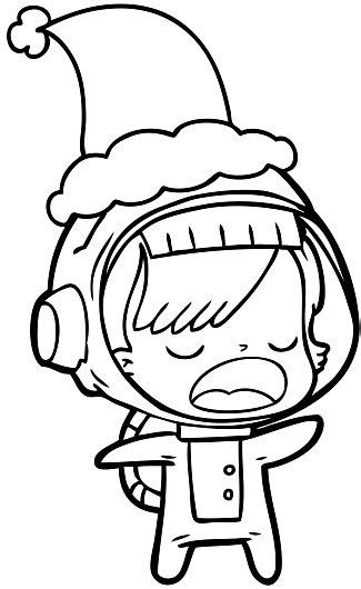 산타 모자를 쓰고 말하는 우주 비행사 여자의 손으로 그린 선 그림 낙서 드로잉에 대한 스톡 벡터 아트 및 기타 이미지 낙서 드로잉 노래 등장인물 Istock