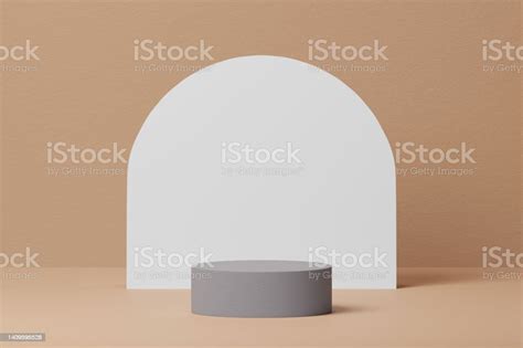 베이지 색 배경과 흰색 배경에 회색 거친 돌 표면 실린더 연단 제품 또는 화장품 디스플레이 프로모션 받침대 모형 3d 렌더링 3차원 형태에 대한 스톡 사진 및 기타 이미지