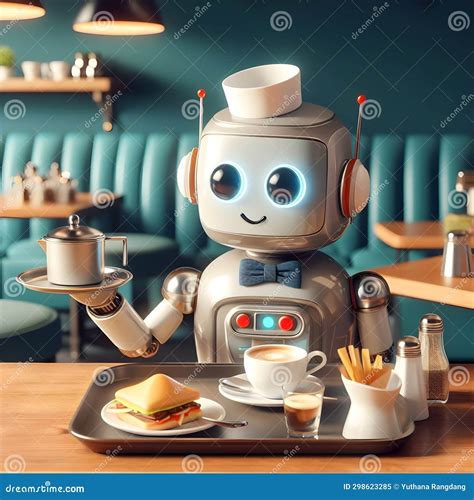 Cute Robot Waiter In Restaurant 8k Realistic Stock Illustration
