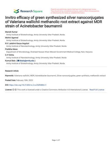 Pdf Invitro Efficacy Of Green Synthesized Silver Nanoconjugates Of Valeriana Wallichii