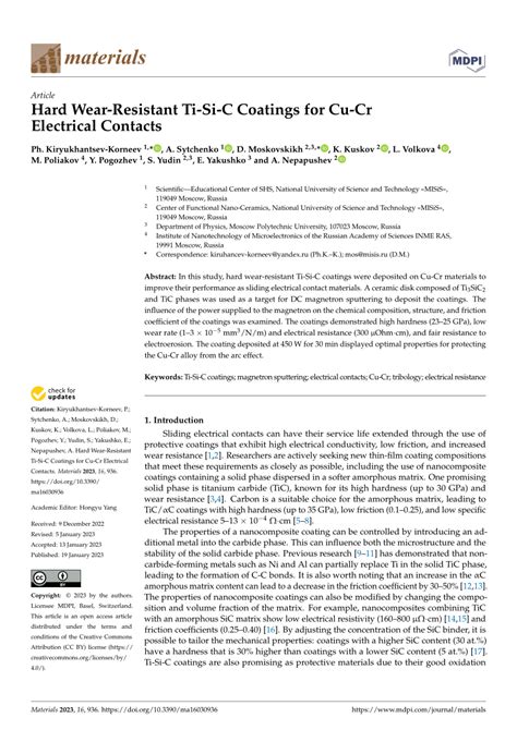 Pdf Hard Wear Resistant Ti Si C Coatings For Cu Cr Electrical Contacts