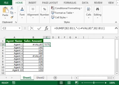 Summing A Range Containing Errors And Values In Microsoft Excel