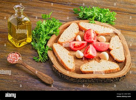 A Closeup Of A Delicious Snack Of Sliced Toast Bread Tomatoes And