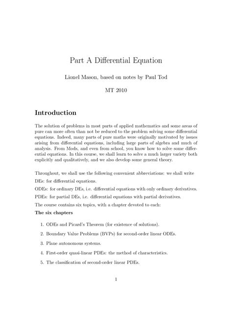 Differential Equations Lecture Notes Mathematics Prof Paul Tod Docsity