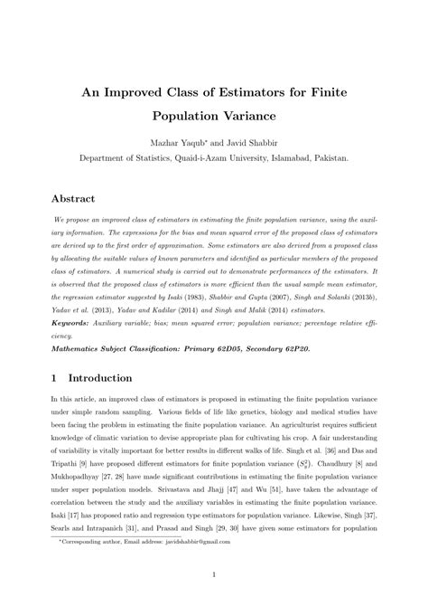 Pdf An Improved Class Of Estimators For Finite Population Variance