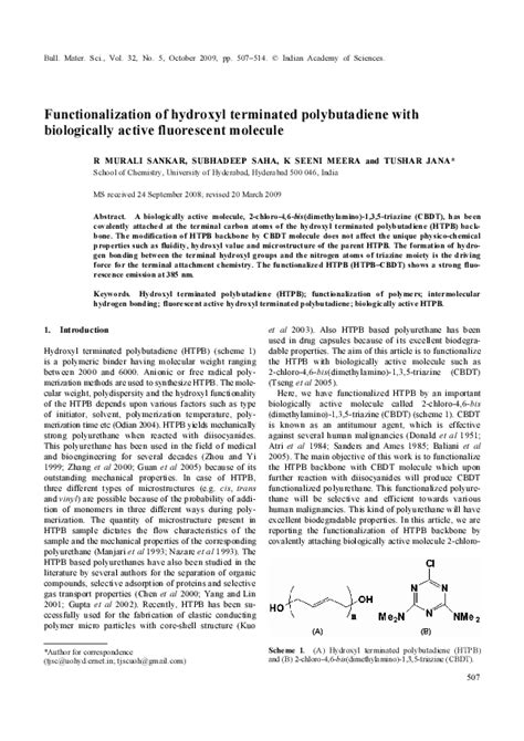 Pdf Functionalization Of Hydroxyl Terminated Polybutadiene With Biologically Active
