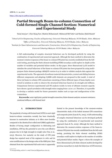 Pdf Partial Strength Beam To Column Connection Of Cold Formed Single