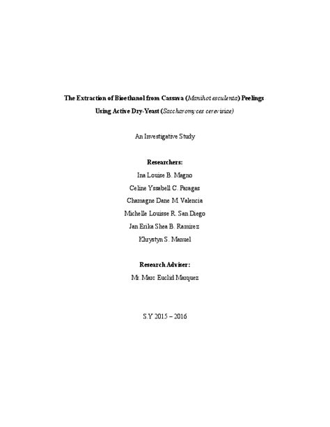 Doc The Extraction Of Bioethanol From Cassava Manihot Esculenta Peelings Using Active Dry