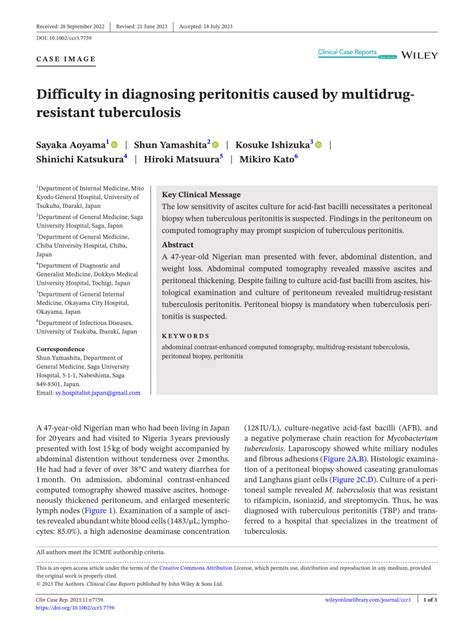Pdf Difficulty In Diagnosing Peritonitis Caused By Multidrug‐resistant Tuberculosis